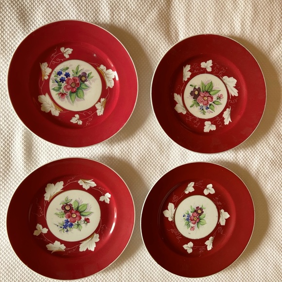Other | Antique Floral Burgundy Plates Set Of 4 | Poshmark